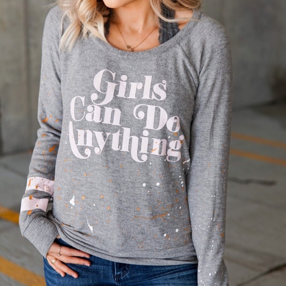Chaser | Sweaters | Nwt Chaser Girls Can Do Anything Gray Sweater ...